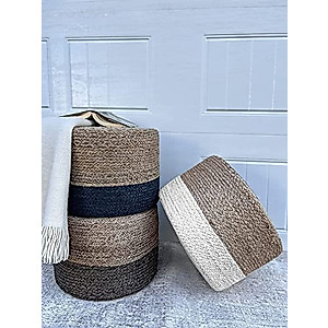 S & L Homes Pouf Ottoman - 100% Jute Braided Footrest Pouf Hand Knitted Traditional Cord Boho Pouffe for Living Room, Bedroom, Nursery, Patio, Lounge Colorblock - Natural Ivory (20”x20”x10”)