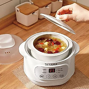 TAYAMA 1 Qt. White Mini Ceramic Stew Cooker with Pre-Settings and Built-In Timer, Small