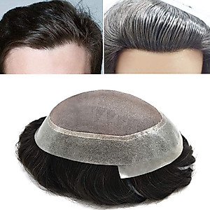 Mens HairPiece Toupee Wig Human Hair Replacement Systems #1B Natural Black Durable Men's Toupee Fine Mono Monofilament Wig Clear Poly Skin Around Hair Unit for Man (6"X8", #1B OFF BLACK/NATURAL BALCK-120% LIGHT TO MEDIUM DENSITY)