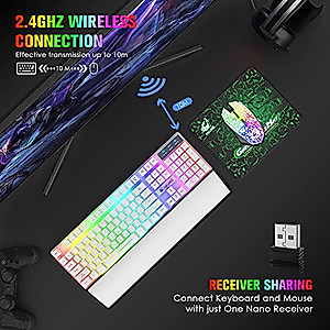 Rechargeable Wireless Keyboard and Mouse Combo with Wrist Rest Rainbow Backlight Mechanical Feel Gaming Keyboard RGB Crack Gamer Mouse Large Mice Pad for Windows PC and Desktop