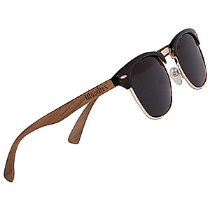 Woodies Gold Semi-Rimless Walnut Wood Retro Sunglasses for Men and Women | Black Polarized Lenses and Real Wooden Frame | 100% UVA/UVB Protection