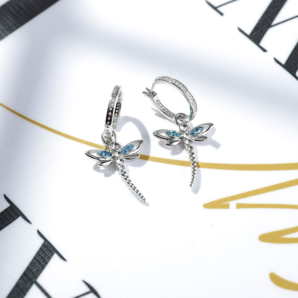 AOBOCO Dragonfly Earrings Sterling Silver Hoop Earrings with Simulated Light Sapphire Crystals from Austria, Adorable Insects in The Garden Series, Hypoallergenic Dragonfly Jewelry Gifts for Women