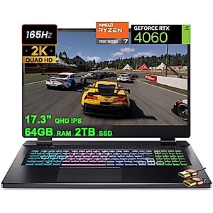 acer Nitro 17 Gaming Laptop 17.3" QHD IPS 165Hz AMD 8-Core Ryzen 7 7840HS (Beats i7-11800H) 64GB RAM 2TB SSD GeForce RTX 4060 8GB Graphic RGB Backlit USB-C Killer E2600 Win11 Black + HDMI Cable