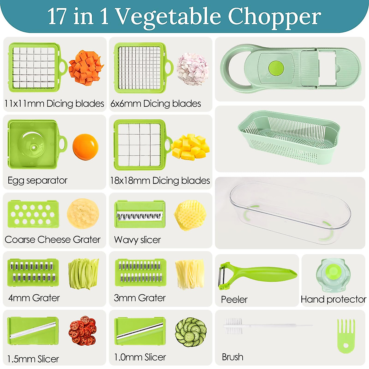 QUINEEHOM Vegetable Chopper 17 in 1, veggie chopper with container for French Fry, Multifunctional Food Chopper for Kitchen, Mandoline Dicer Onion Meat Salad Chopper Slicer Cutter