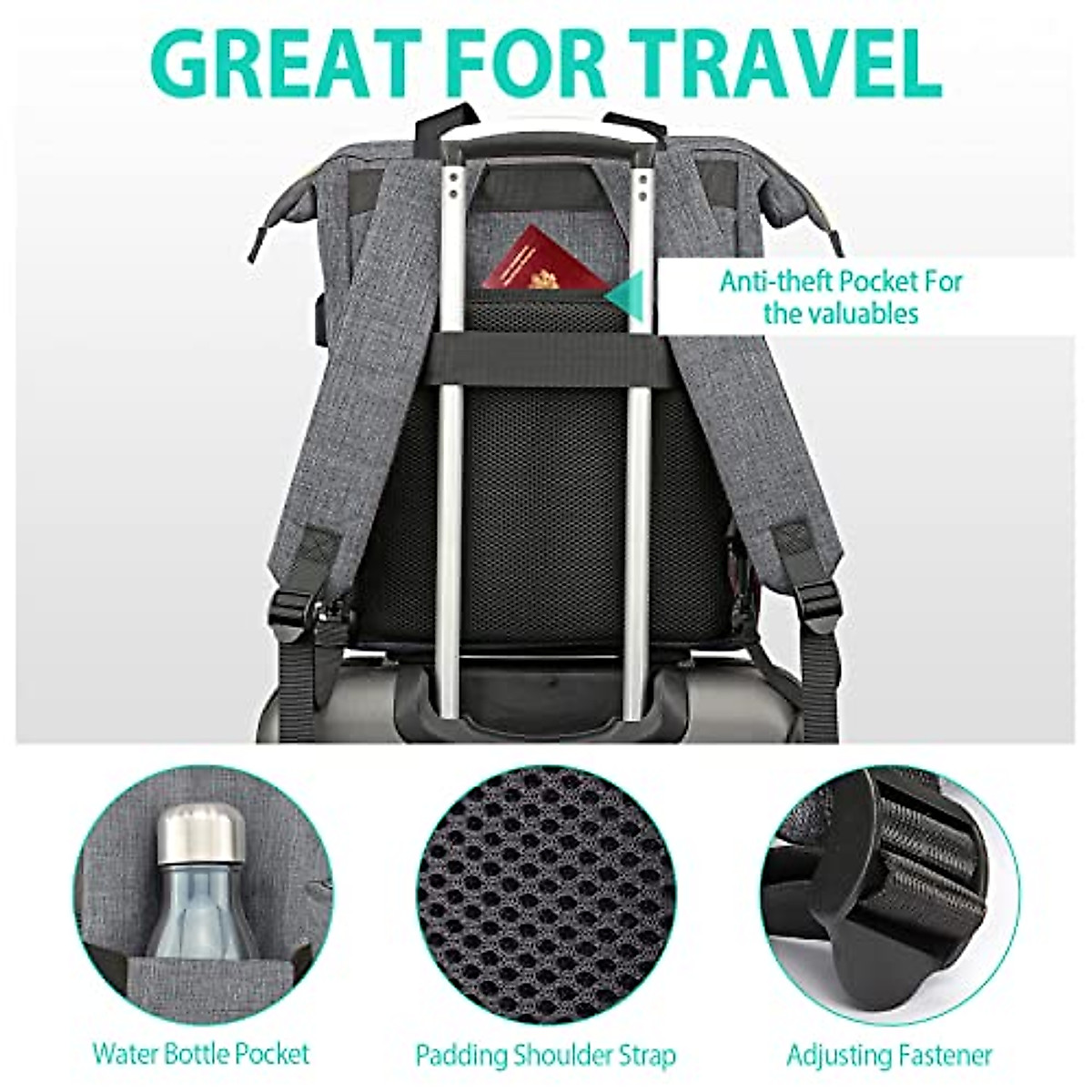 Kuosdaz Travel Backpack for Women Men, Large Wide Open Womens Backpack for Work, Water Resistant Collage Backpack with USB Port, 17.3 Inch School Bookbag Computer Bag for Doctor Teacher Nurse, Grey