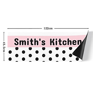 Custom Polka Dot Point Pink Black Kitchen Mats with Name Text Non Slip Soft Rubber Doormats Runner Carpets Rugs for Bathroom Bedroom Laundry Decor 48x17 Inch