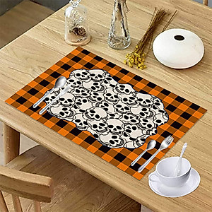 Zando Halloween Placemats Set of 4 Halloween Square Placemats for Out/Indoor Dining Table Halloween Waterproof Placemats Fall Placemats Evil Skull Pattern 12 * 18 Inch Halloween Kitchen Decor