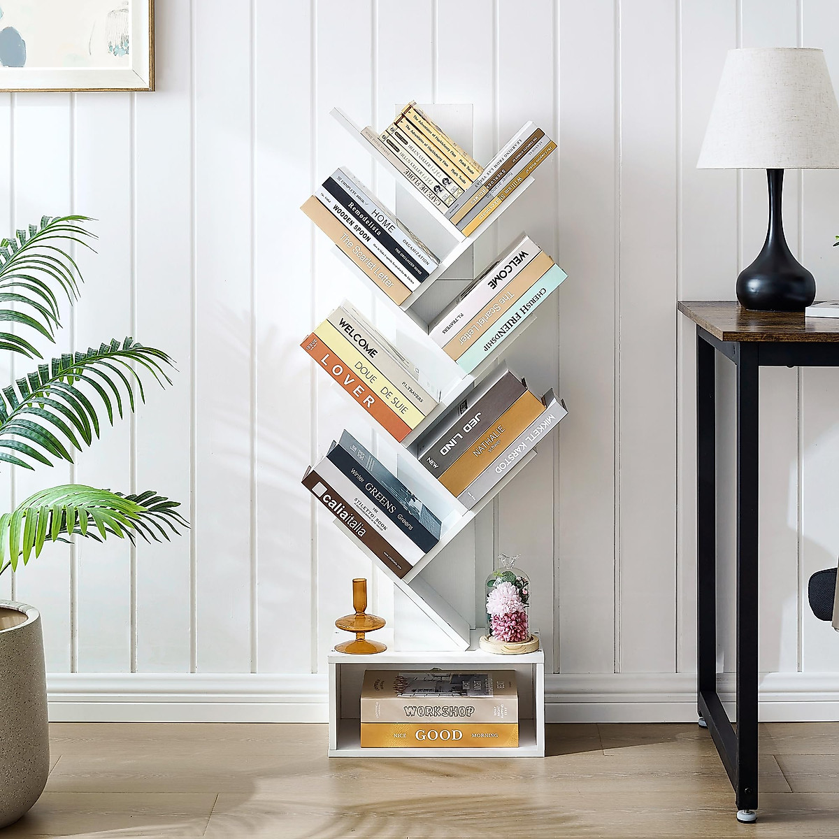 Hoctieon 6 Tier Tree Bookshelf, Tall Bookcase with Drawer, Freestanding Book shelf, Display Floor Standing Storage Shelf, Book Organizer Shelves for Home Office, Living Room, Bedroom, White