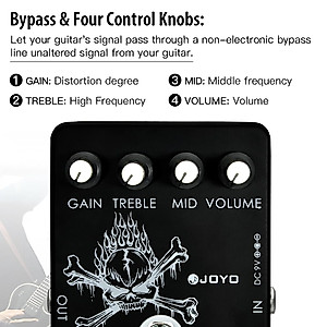 JOYO High Gain Distortion Pedal from AC/DC Crunch to Heavy Metal with Full Range EQ for Electric Guitar Effect - Bypass (JF-04)