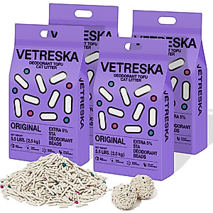 VETRESKA Tofu Cat Litter,Natural Kitty Litter Strong Clumping Flushable Cat Litter Pellets Ultra Absorbent,Odor Control,Dust-Free,Low Tracking Eco-Friendly Tofu Litter,Original(5.5lb×4bags)