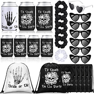 Silkfly 28 Pcs Bride or Die Bachelorette Party Decor Till Death Do Us Party Gifts Bridesmaid Scrunchies Sunglasses Beer Can Cooler Sleeves Drawstring Backpack for Wedding Bridesmaid Proposal Gift