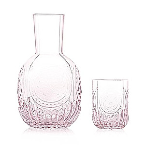 RockTrend Retro Clear Glass Bedside Night Water Carafe with Tumbler Glass, Relief Glass Pitcher And Cup Night Set