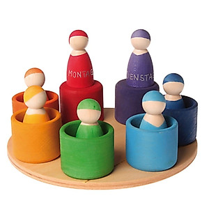 Grimm's Seven Friends in 7 Bowls: Set of Wooden Sorting & Matching Rainbow Peg Dolls with Little Cups and Tray