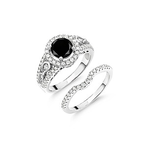 Gem Stone King 925 Sterling Silver Round Black Diamond and White Moissanite Wedding Engagement Ring Band Bridal Set For Women (1.84 Cttw, Available In Size 5, 6, 7, 8, 9)