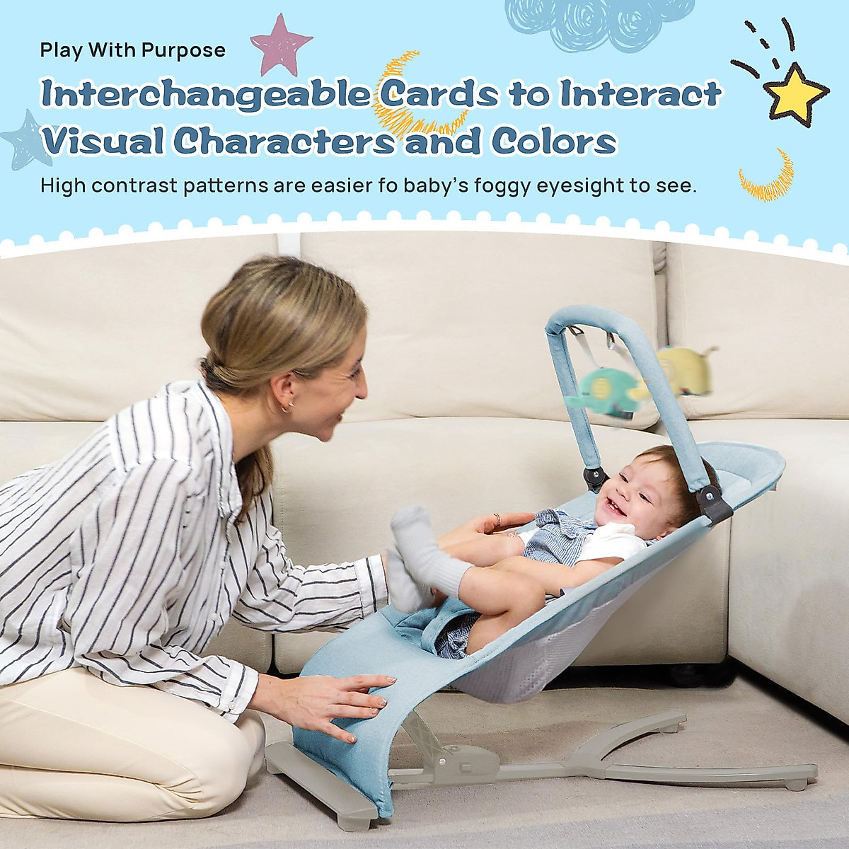 Baby Bouncer, Portable Soothing Baby Bouncer Seat and Swing with 3-Point Harness Comfortable Baby Rocker for Babies 0-6 Months, 0-20 lbs (Light Blue)