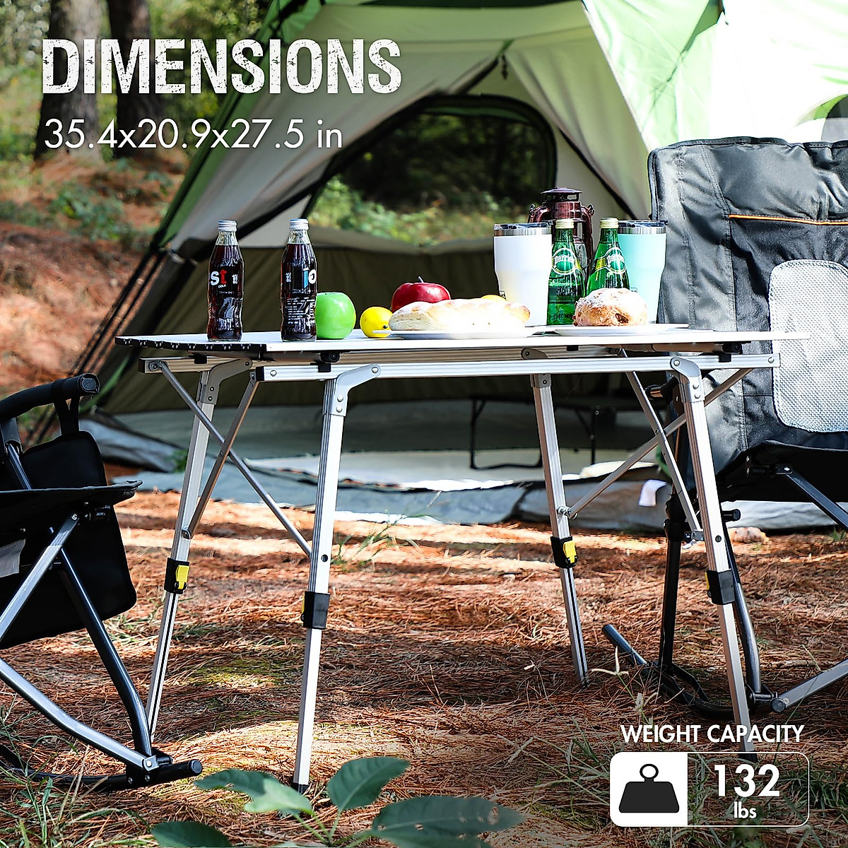 PORTAL Outdoor Folding Portable Picnic Camping Table with Adjustable Height Aluminum Roll Up Table Top Mesh Layer, Silver