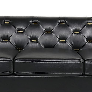 QHITTY Chesterfield Sofa, 84'' Modern 3 Seater Accent Leather Couch with Square Arms and Metal Tufted Button, Metal Legs for Living Room, Office, Bedroom (Black)
