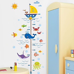 Wland 22 inches x 67 inches Undersea Fish Whale Octopus Crab Growth Chart Removable Vinyl Wall Decals Stickers for Children Room Nursery