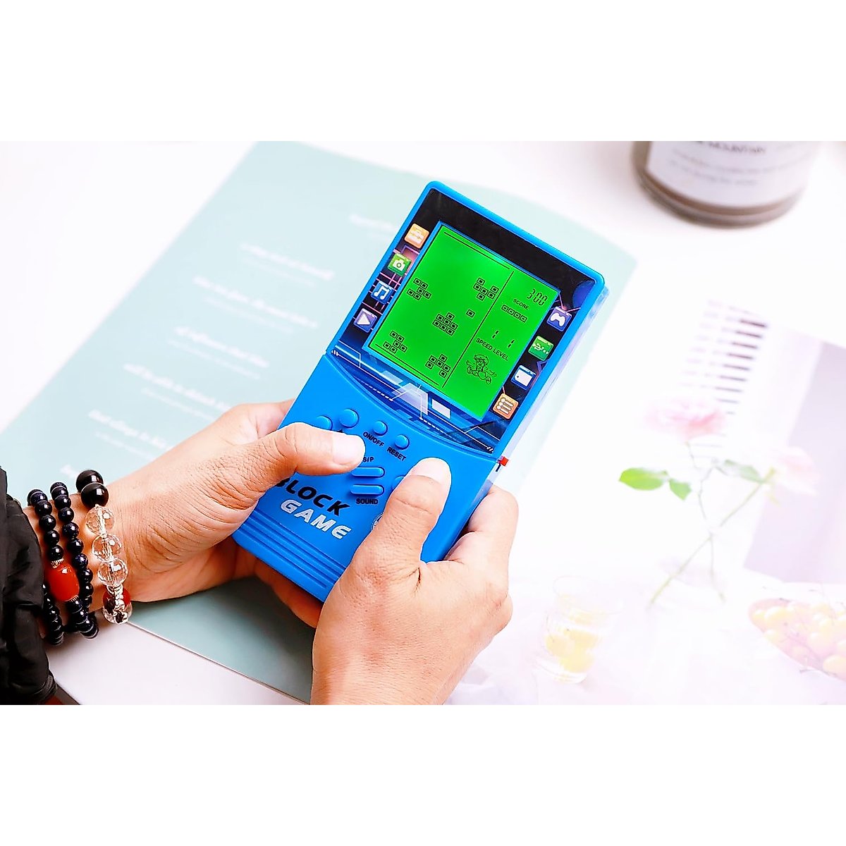 HLF New Large Screen Brick Game Console Green Backlight Built-in 23 Multi-Mode Block Games Classic Nostalgia Puzzle Speed and Difficulty can be Adjusted Suitable as a Gift for Kids (Blue)