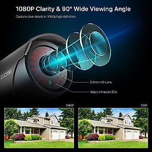 ZOSI 2Pack 2MP 1080p 1920TVL HD-TVI Home Security Camera Outdoor Indoor with Audio Recording,36PCS LEDs,120ft Night Vision, 105°View Angle, Weatherproof Surveillance CCTV Bullet Camera (Black Color)