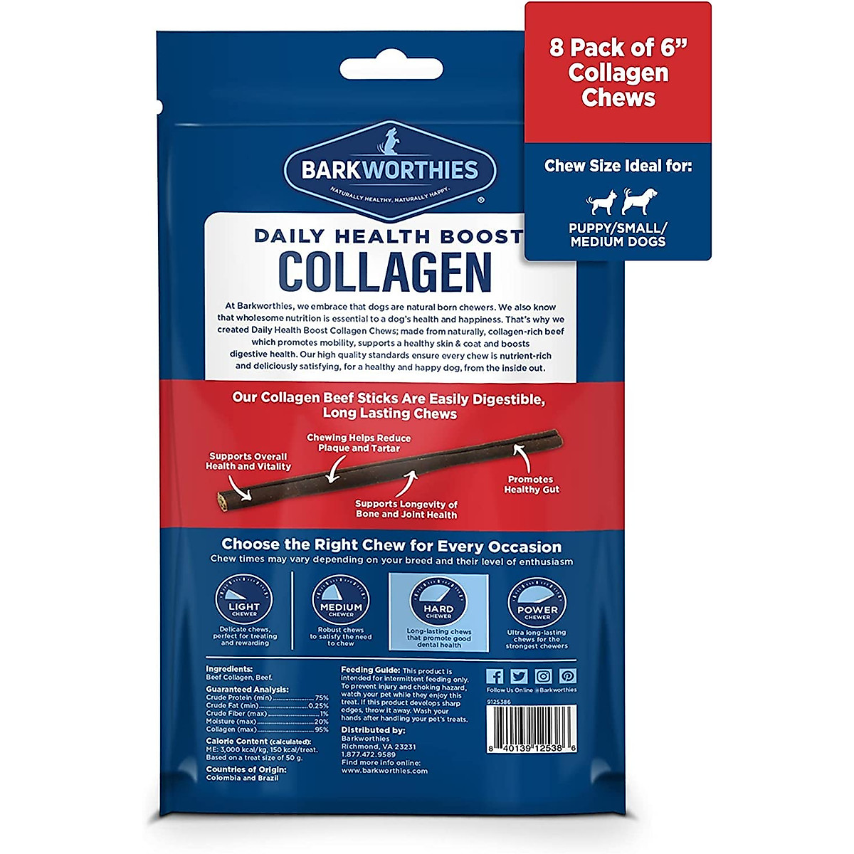 Barkworthies Premium Collagen Beef Sticks for Dogs - 2 Pack 6 inch Daily Health Collagen Chews- 8 Count Grain Free, Rawhide Free, Natural Dog Treats for Aggressive Chewers Dog Pack with E-Book