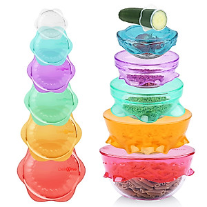 DeliOne Silicone Stretch Lids for Kitchen Food Storage – Durable,Reusable + Expandable Bowl Covers for Cup or Square Containers, Freezer, Microwave,and Dishwasher Safe,Mixing Size, 6-Pack, Color