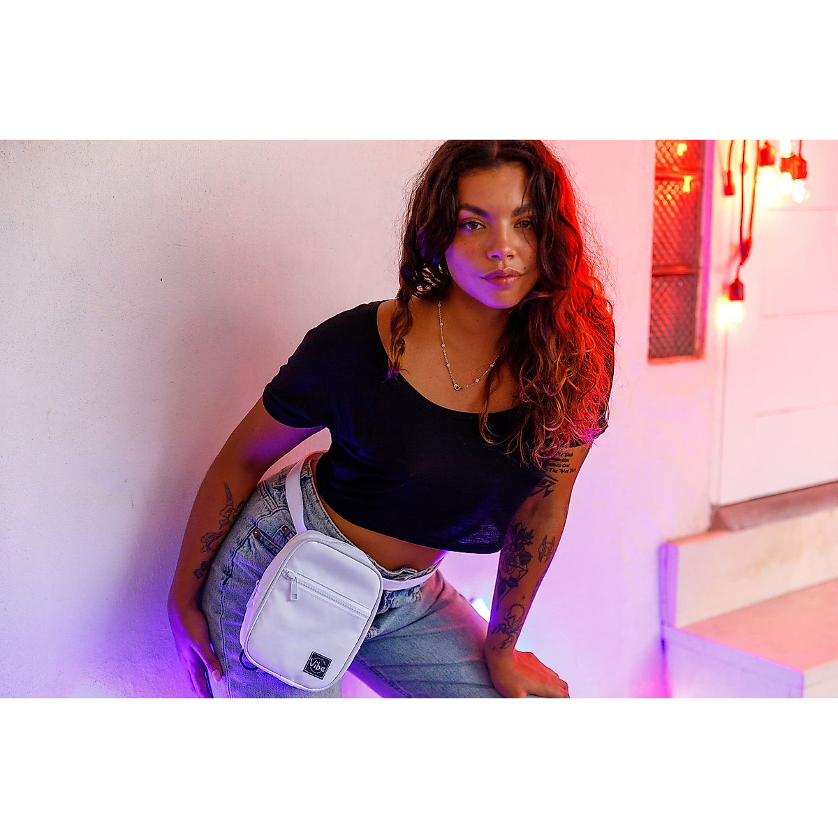 Vibe Festival Gear Small Crossbody Sling Bag for Women Men 5in1 Multi-Use from (rPET) Recycled Polyester Belt Bag Cross Body Backpack Fanny Pack Purse - White