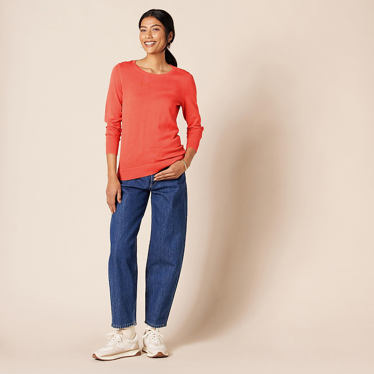 Amazon Essentials Women's Long-Sleeve Lightweight Crewneck Sweater (Available in Plus Size), Coral Pink, Large