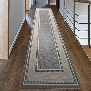 Ottomanson Ottohome Non-Slip Rubberback Bordered Design 3x10 Indoor Runner Rug, 2'7" x 9'10", Light Gray