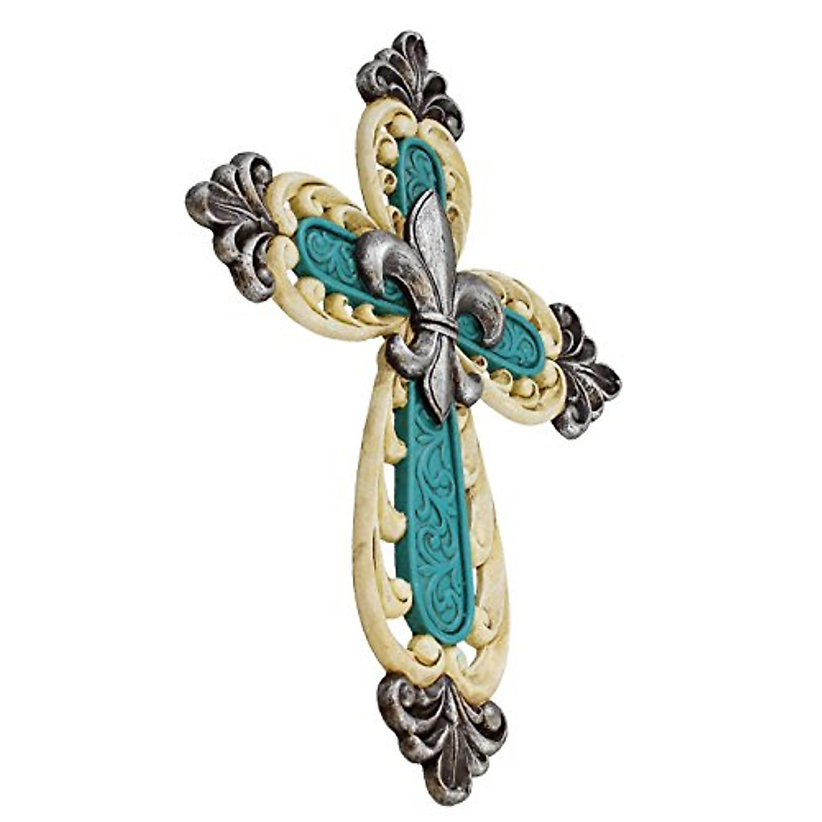 Ornate Fleur De Lis Layered Wall Cross Decorative Scrolly Details - Antique White & Teal with Silver Finials