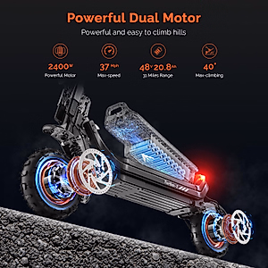 Atomi Electric Scooter Turbo-1 with Smart APP- 2400W Dual Motor Up to 31 MPH & 50km, 20AH Removable Battery, Long Range 34 Miles & 55km, 11" Knotty All Terrain Tires Off Road e-Scooter for Adults