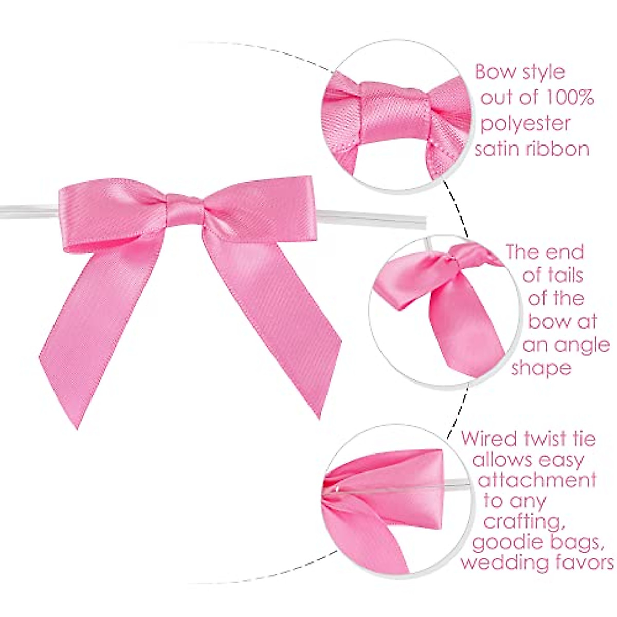 AIMUDI Hot Pink Bows 2.5" Pink Ribbon Valentine's Day Pink Twist Tie Bows Pre Tied Bows Premade Bows for Crafts Treat Bags Cake Pop Party Decorations Candy Apple Box Wedding - 50 Counts