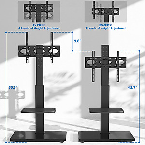 Rfiver Universal Swivel Floor TV Stand with Mount for 32-65 Inch Flat Screens/Curved TVs up to 110 lbs, Tall TV Stand with Black Tempered Glass Base and 2-Tier Storage Shelves, Height Adjustable