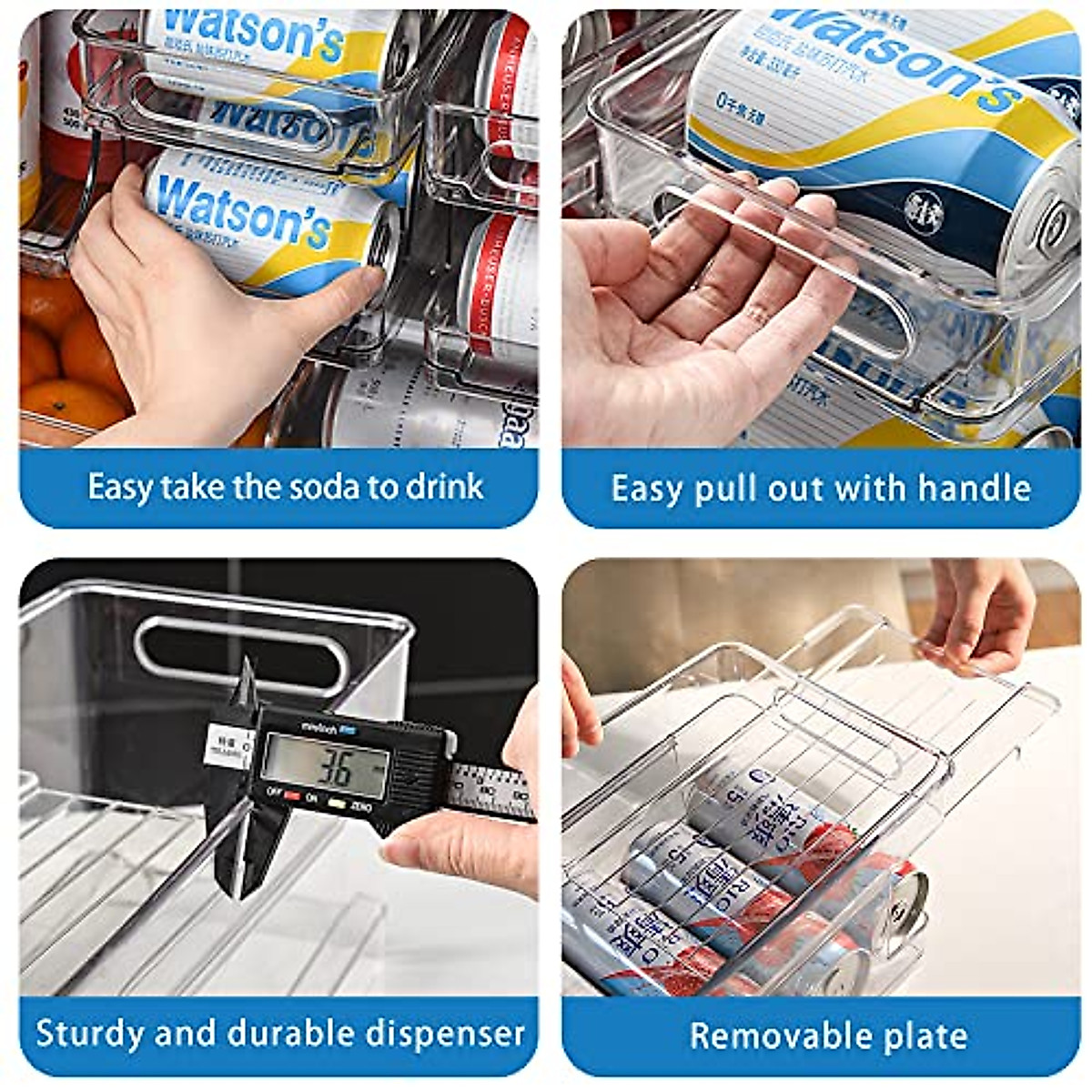 Mano Set of 2 Rolling Soda Can Organizer for Refrigerator, Clear Drink Dispenser for Pop Beer Soda Seltzer Beverage Can Holder, Plastic Fridge Organizer Bins Pantry Storage Rack