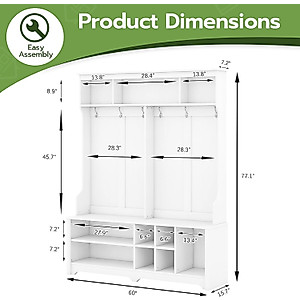 Rovibek Hall Tree with Bench and Shoe Storage Coat Rack 60in Entryway Bench Wooden Shoe Rack Storage Cabinet Shelf Entryway Furniture Home Organizer for Living Room Entryway, White