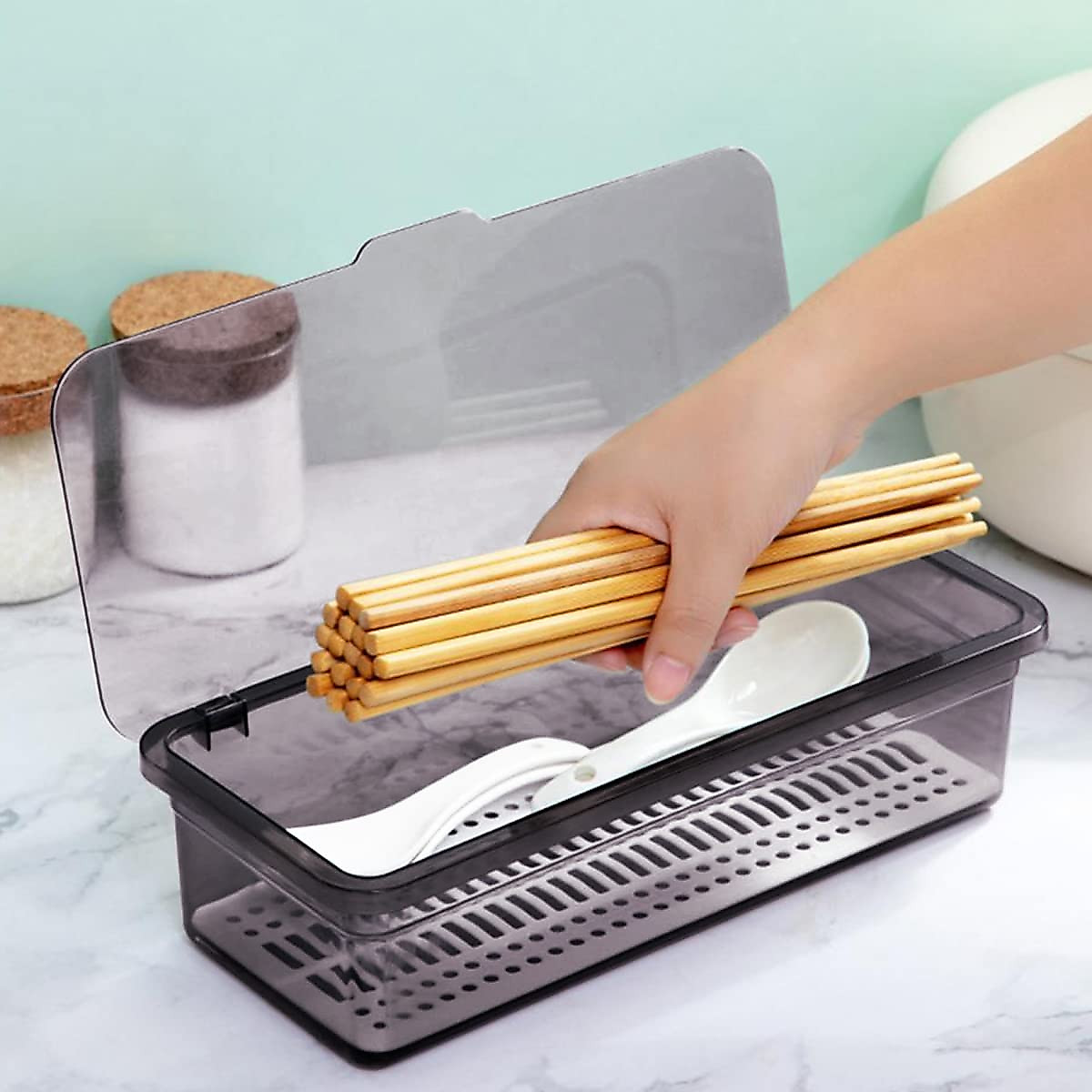 DOERDO Flatware Plastic Tray with Lid Kitchen Cutlery Tray and Utensil Storage Organizer Countertop Storage Container, Grey