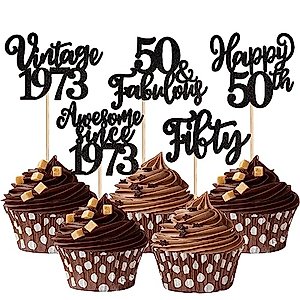 30 PCS Vintage 1973 Cupcake Toppers Glitter Fifty Awesome Since 1973 Happy 50th Birthday Cupcake Picks 50 Fabulous Cake Decorations for Cheers to 50th Birthday Anniversary Party Supplies Black
