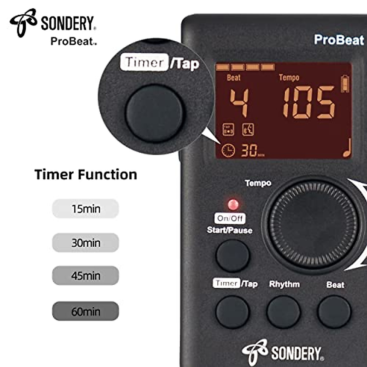 Sondery Digital Metronome for Guitar Piano Drum and All Instruments with Timer, English Vocal Counting and 3 Different Sounds with Earphone Jack and Flashing Light, Loud Volume, Rechargeable