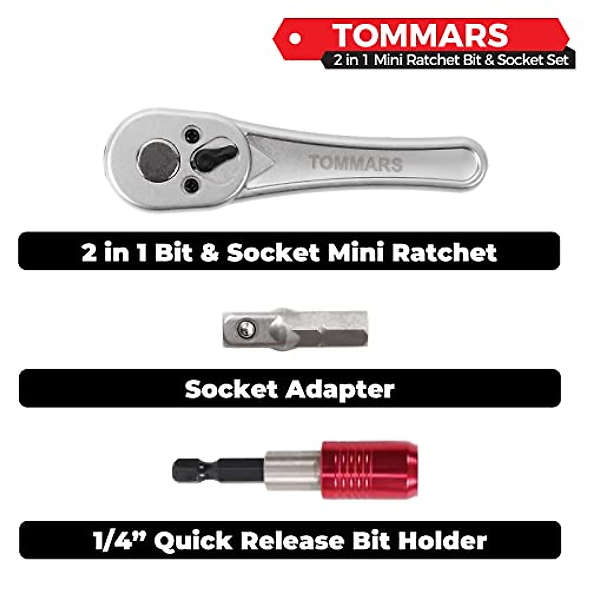 TOMMARS 58-Pc 1/4" Mini Ratchet Wrench Socket & Screwdriver Bits Set, Low Profile, 45 Teeth Gear, S2 and CR-V, 58PCS