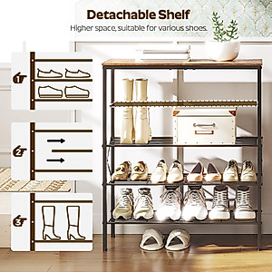 YATINEY 5-Tier Shoe Rack, Shoe Storage for Entryway and Closet, Free Standing Shoe Organizer with Metal Mesh Shelves, 16-20 Pairs of Shoes, Rustic Brown and Black SS05BR