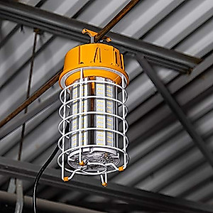 LB74101 100W LED Temporary Work Light 5000K 12500Lm Outdoor Corded Portable Lights with Stainless Steel Guard & Hook for Mine Wharf Job Site Lighting,IP65 Dust Waterproof,Plug-n-Play