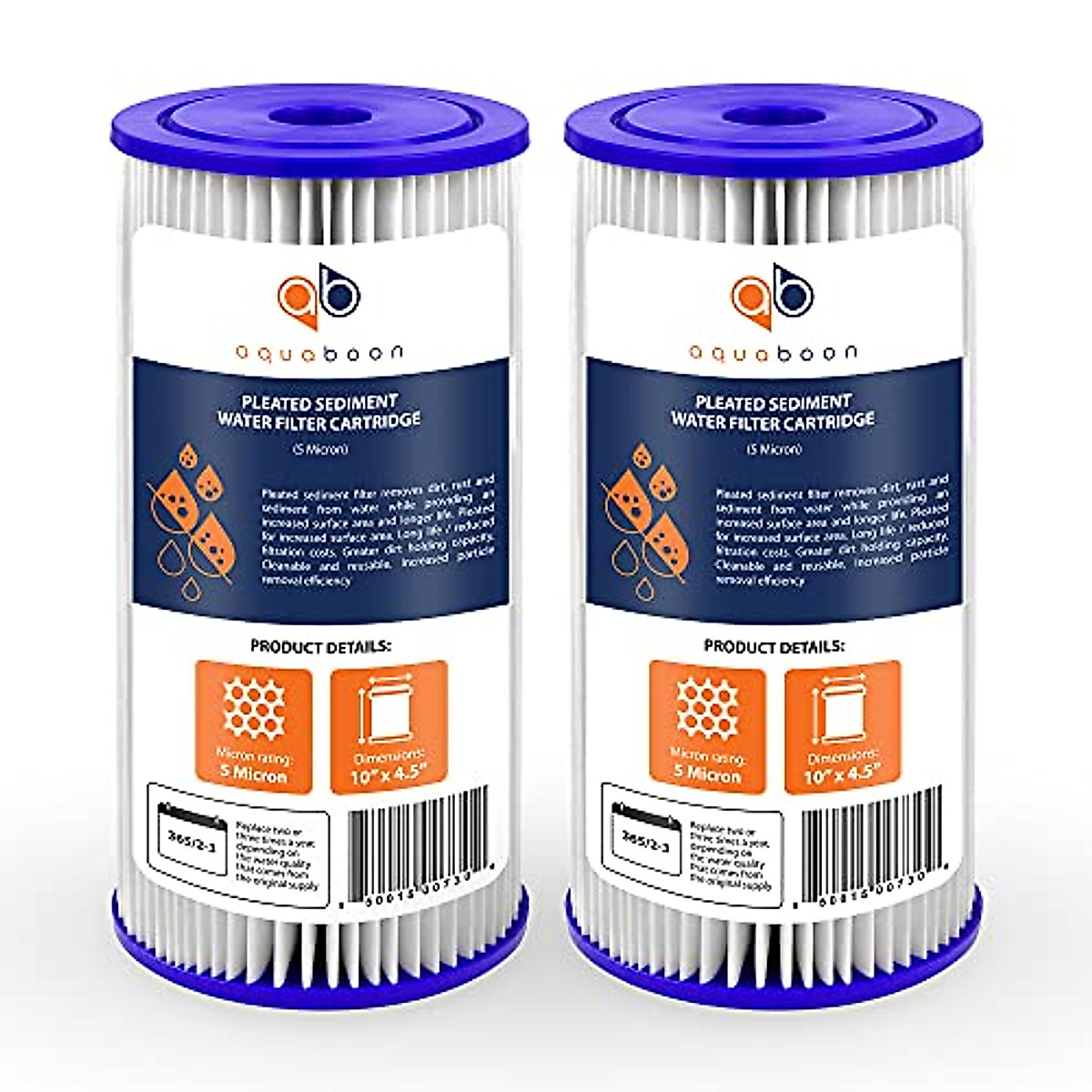 Aquaboon 5 Micron 10" x 4.5" Pleated Sediment Water Filter Replacement Cartridge | Whole House Sediment Filtration | Compatible with FXHSC, ECP5-BB, FM-BB-10-5, CP5-BBS, 255490-43, HDC3001, 2-Pack