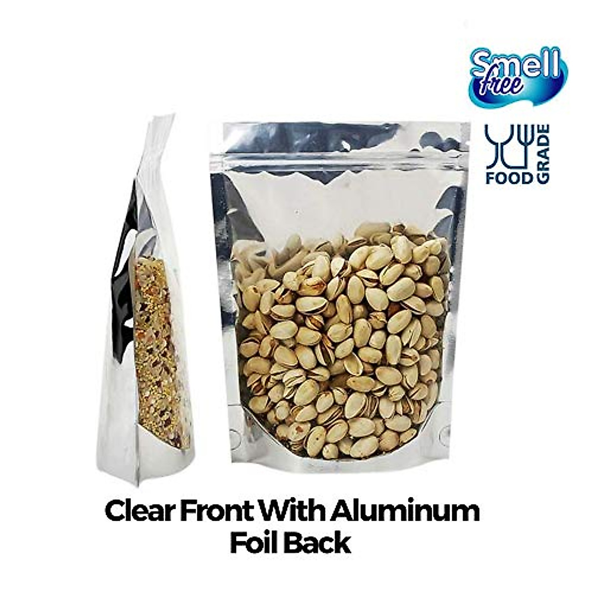 Stand Up Pouch Bags, 6" x 9", Heavy Duty, 100 Pack, Clear Front with Aluminum Foil Back - Resealable Ziplock and Heat Sealable for Food Storage