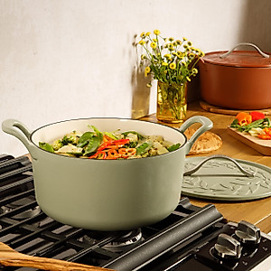 Bloomhouse 7 Qt Cast Iron Dutch Oven W/Embossed Lid, European Enamel, & Olive Wood Trivet - Matte Sage