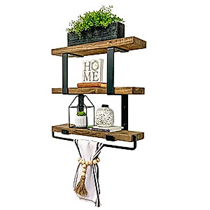 Del Hutson Designs Industrial 3-Tier Floating Shelf with Towel Bar (24 Inch, Ziggy Dark Walnut)