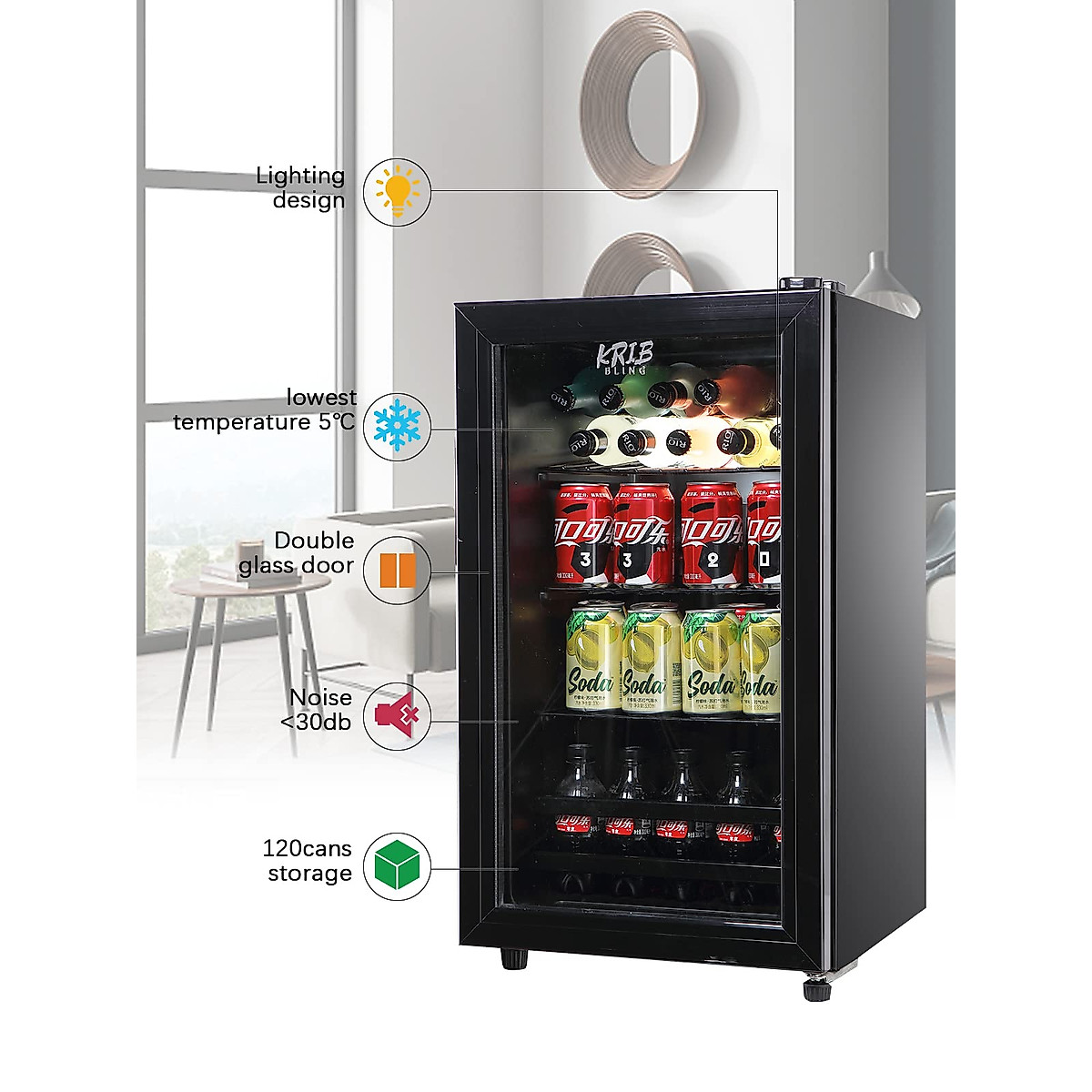 KRIB BLING Beverage Refrigerator and Cooler, 120 Cans Mini Refrigerator for Soda, Water, Beer, Wine, Small Drink Dispenser Machine for Home, Dorm, Office with Adjustable Wire Shelving