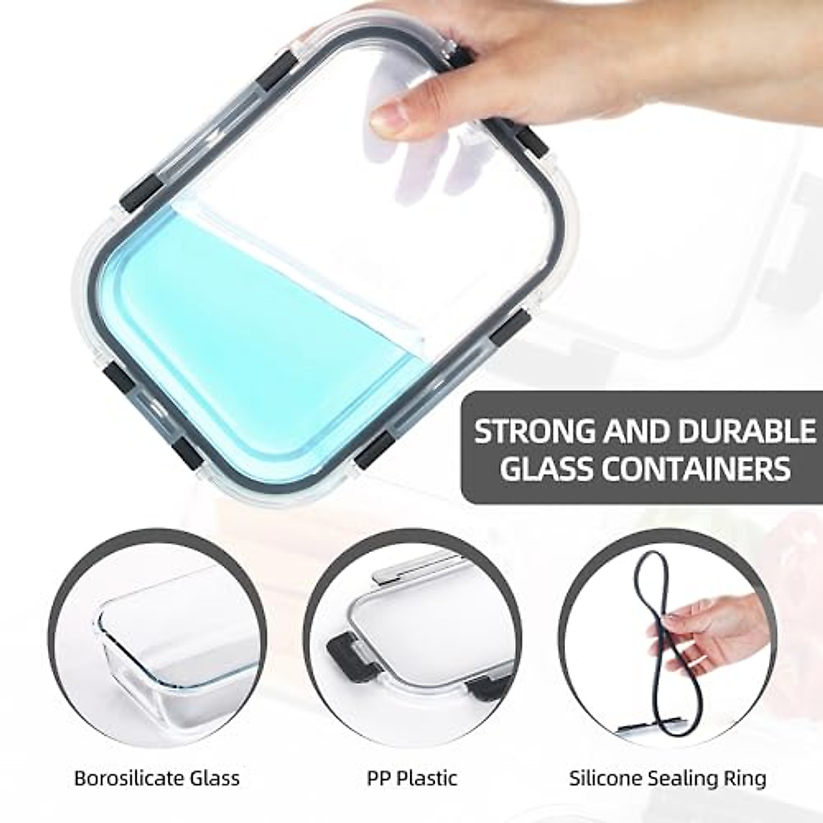 SHYRC Glass Food Storage Containers, 10 Pack Glass Meal Prep Container, Leak Proof, Glass Storage Containers with Lids, Ideal for Food Storage, Lunch, On-the-Go, Leftover - Grey