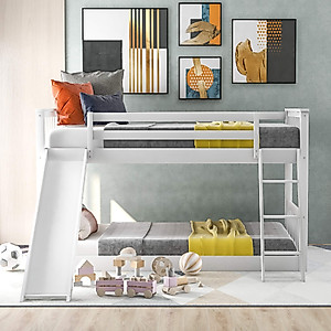 Harper & Bright Designs Low Bunk Beds with Slide, Solid Wood Twin Over Twin Bunk Beds Frame with Ladder, Safety Guardrail, Twin Size Floor Bunk Bed for Kids, Teens, White