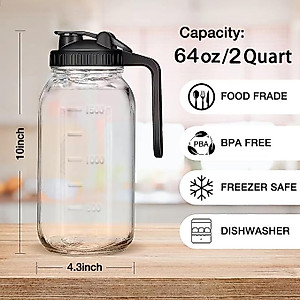 Glass Pitcher with Lid - 64OZ Wide Mouth Mason Jar Pitcher, 2 Quart Double Leak-proof Water Pitcher, Breastmilk Pitcher with Pour Spout Lids for Water, Juice, Milk, Tea, Iced Coffee, and Drinks