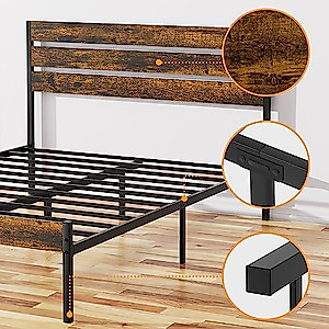 Walsunny Queen Size Bed Frame with Rustic Vintage Wood Headboard and Footboard, Strong Metal Slats Support, Under Bed Storage, Easy to Install, Sturdy and Stable, No Box Spring Needed